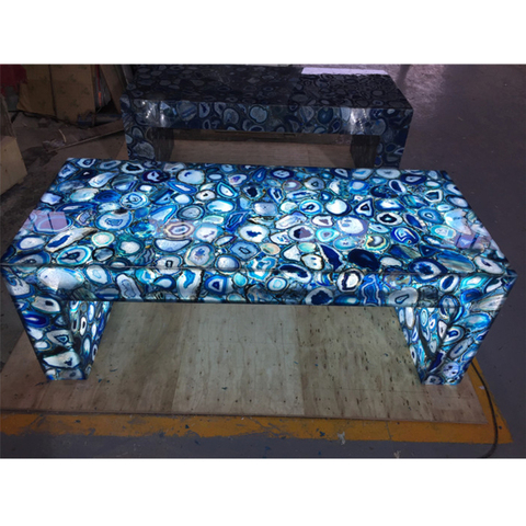 Buy Luxury Design Translucent Agate Stone Led Nail Bar Table Custom Size Blue Color Long Bar ...