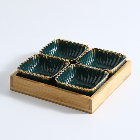 Buy Nordic Dark Green Ceramic Snack Plate Bamboo Wood Fruit Plate ...