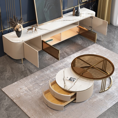 Buy Modern Design Glass Marble Coffee Table With Lockers Golden Metal ...