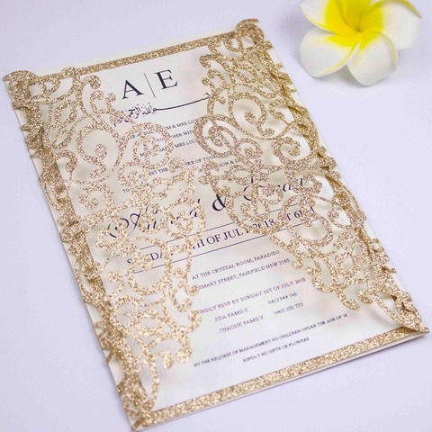 Buy Rose Gold Glitter Gate Fold Pocket Wedding Invitation Cards Laser ...