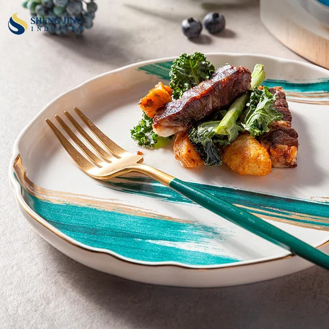 Buy Shengjing Round White Porcelain Blue Green Glazed Hand Painted ...