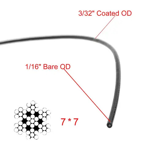 Buy Stainless Steel 304 Black Wire Rope Vinyl Coated,7x7 Strand Core,1/ ...