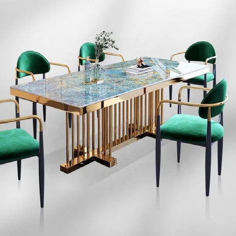 Buy Modern Luxury Rectangle Gold Green Dining Table Set Stainless Steel ...
