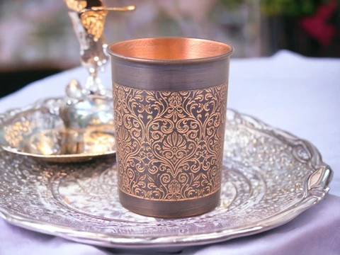 Buy Pure Copper Metal Glass Tumbler With Antique Finish Eching For ...