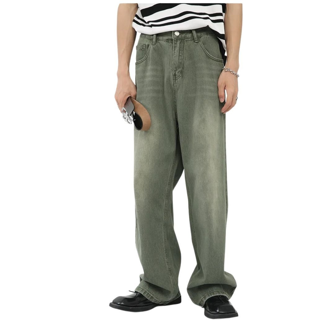 Buy Grey Green Custom Wash Baggy Fit Denim Jeans For Men from Woow Tag ...