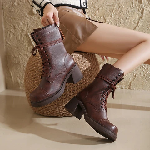 Buy Fashionable New Retro Square Toe Short Boots Women Thick Heels ...