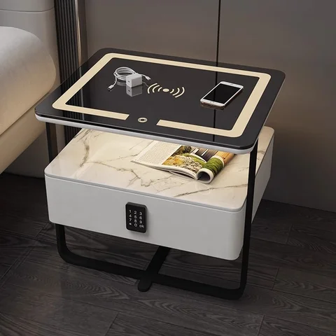 Buy Rock Slab Wooden Bedside Table With Wireless Charging Carbon Steel ...