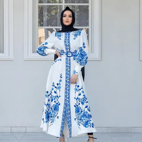 Buy 7087 New Muslim Hijab Abayas Fashion Dress For Women White Print ...