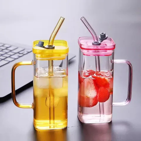 Buy Square Glass Cup With Straw Water Cup Plastic Cover With Handle ...