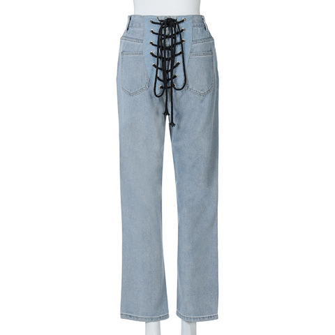 Buy Fashion Streetwear Casual Straight Bandage Jeans With Strings Women ...