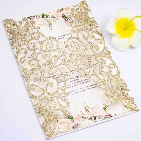 Buy Rose Gold Glitter Gate Fold Pocket Wedding Invitation Cards Laser ...