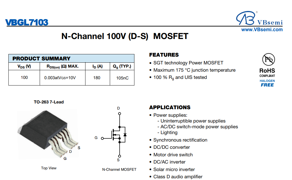 Buy 100v 180a To-263-7l (n-chanel) Vbsemi Power Mosfet Part No ...
