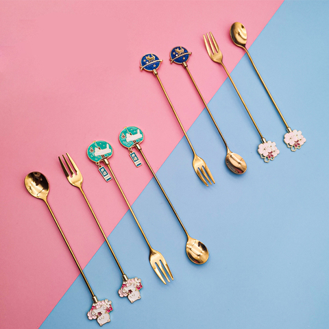 Buy Lucky Cat Cherry Blossom 304 Stainless Steel Gold Salad Fruit Fork ...
