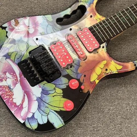 Buy Flower 7v Electric Guitar Pink Pickups Peony Flower Body Black ...
