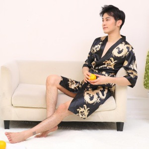 Buy Mens Satin Robe Dragon Luxurious Silk Spa Long Sleeve House Kimono ...