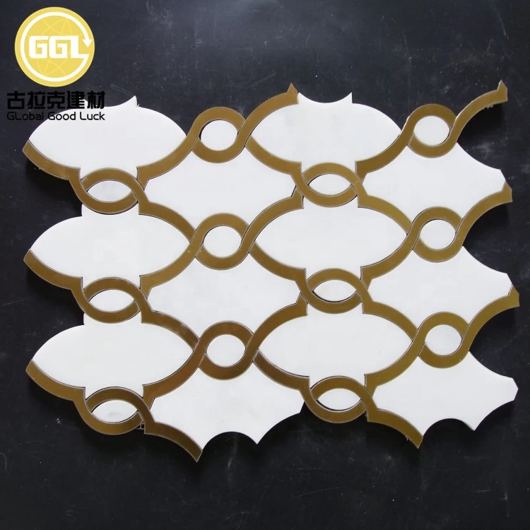 Buy Thassos White Marble And Brass Inlay Waterjet Mosaic Backsplash Tile From Xiamen Good Luck