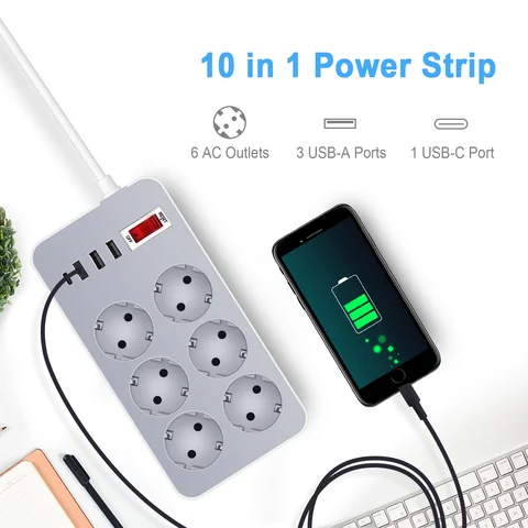 Buy Usb-b 1 Usb-c Switch Power Button 10in1 Power Strip Eu Plugs Usb ...