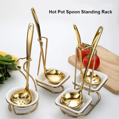 Buy Hot Pot Gold Spoon Rest Standing Rack With Ceramic Bowl Kitchen ...