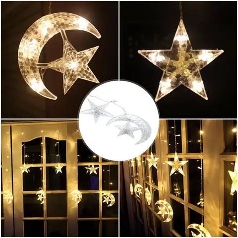 Buy 138 Led Star Moon Curtain String Lights Ramadan Window Decoration ...