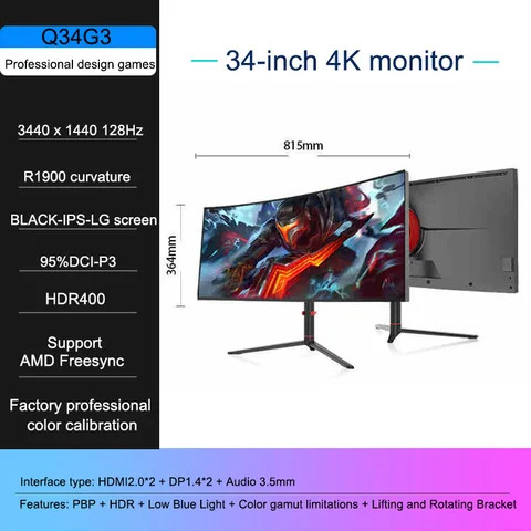 Buy 34 Inch Curved Gaming Monitor, Ultra Wide Pc Monitor, 4k 128hz ...