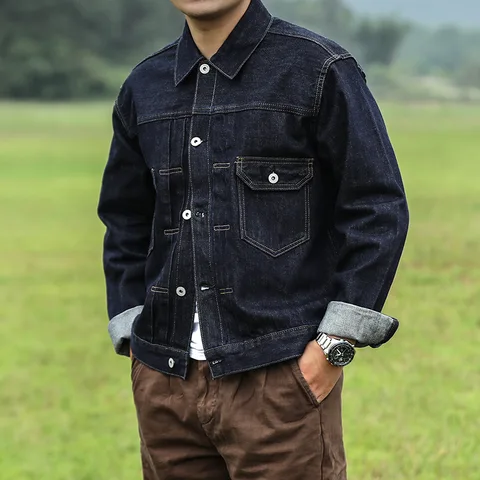 Buy American Retro Raw Denim Jacket For Men Loose Selvedge Denim Jacket ...