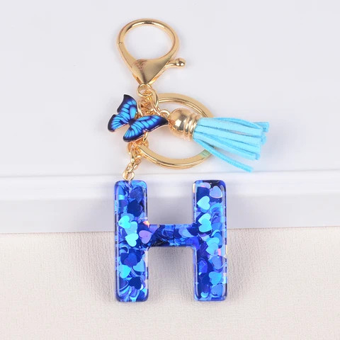 Buy New Blue Butterfly Fringe Heart Letter Key Chain 26 Sequin Letter ...