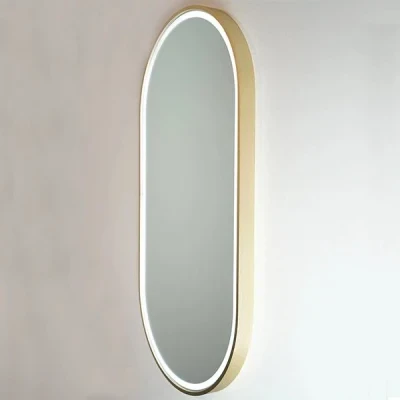 Buy Pill Shaped Brush Brass Metal Framed Bathroom Lighted Mirror With ...