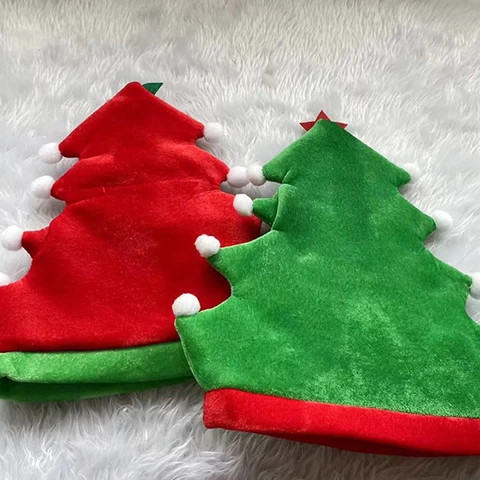 Buy Xmas Red Green Tree Caps Plush Fabric Christmas Tree Hat Decoration ...