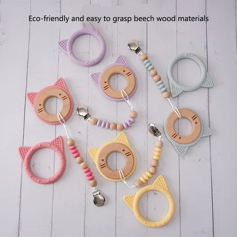 Buy Funny Baby Gift Teether Wooden And Silicone Cat And Rabbit Ear ...
