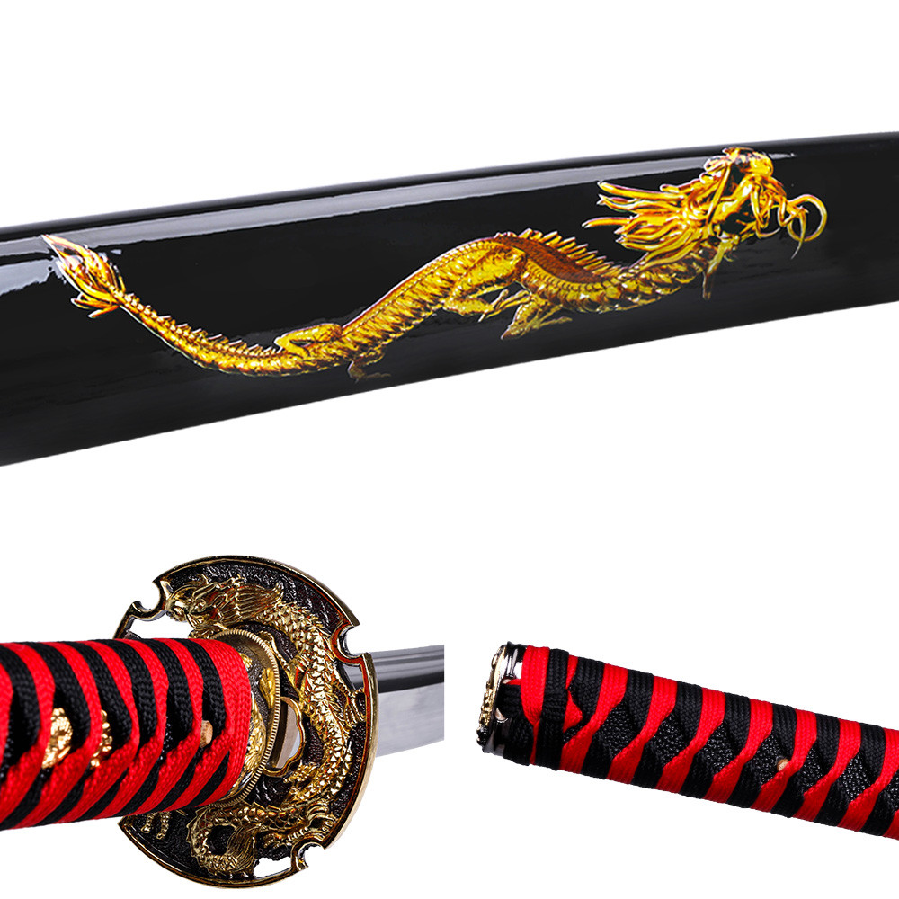 Buy Gold Dragon Saya Black And Red Handle Samurai Sword Japanese Katana ...