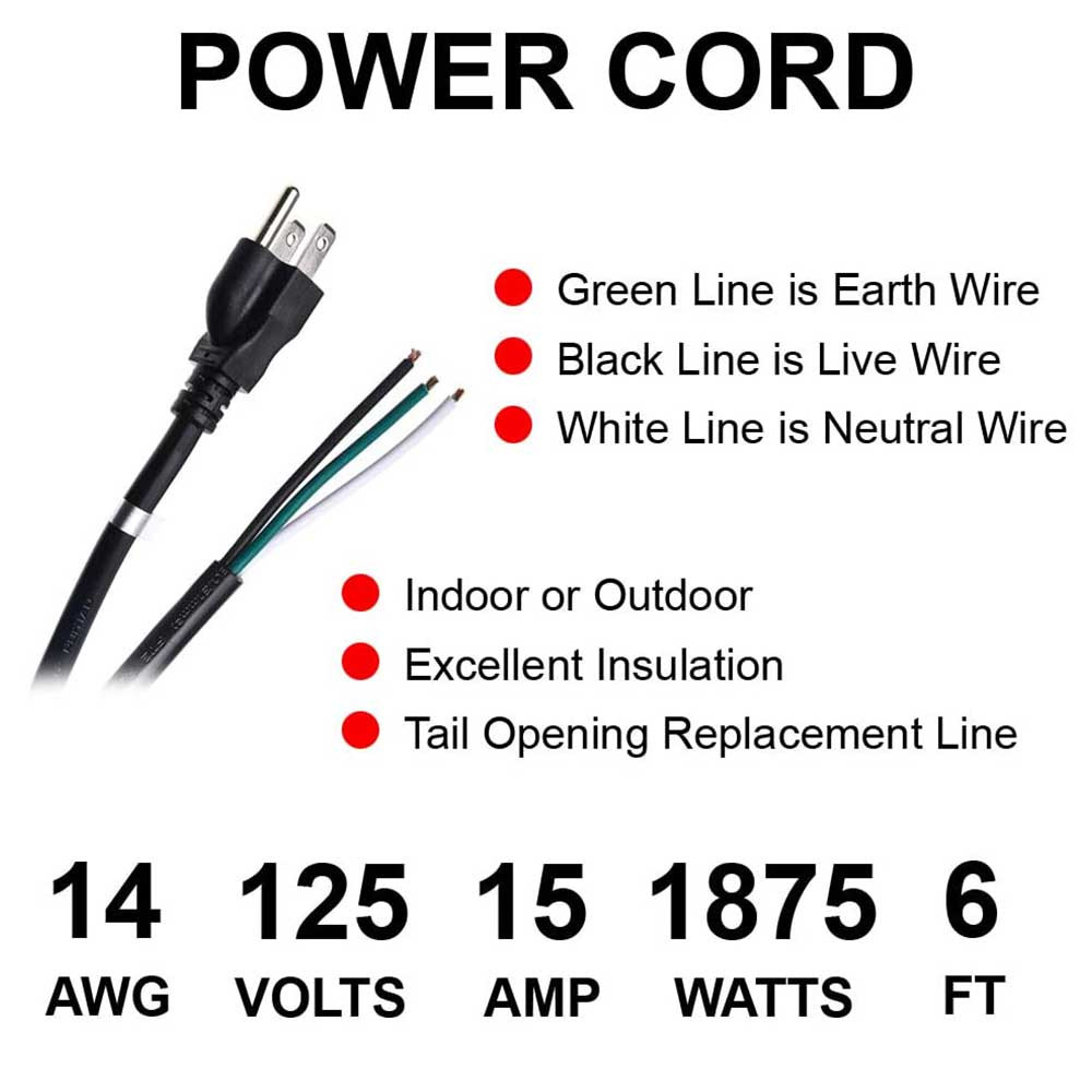 Buy 14 Awg 3 Conductor 3-prong Power Cord With Open Wiring, 15 Amp Max ...