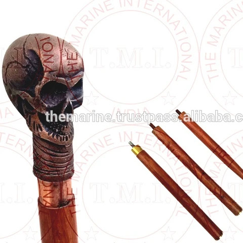 Buy Antique Pirate Skeleton Head Handle With Wooden Walking Stick Three ...