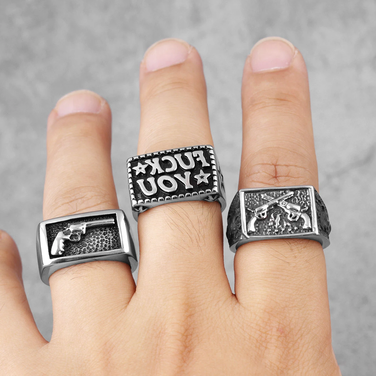 Buy Revolver Pistol Gun Square Stainless Steel Mens Rings Punk Hip Hop ...