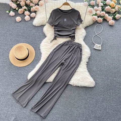 Buy Summer Womens Solid Color Wind Suit 2023 Pleated Elastic Waist Tie ...