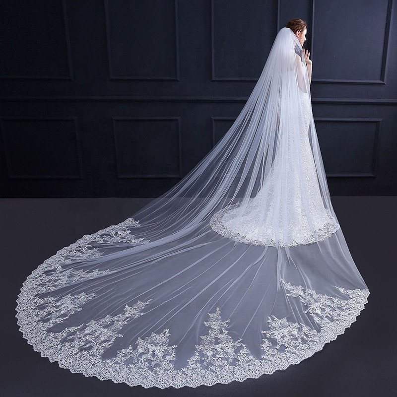 Buy Shenglan 3.5 Meter Ivory Cathedral Wedding Veils Long Lace Edge ...