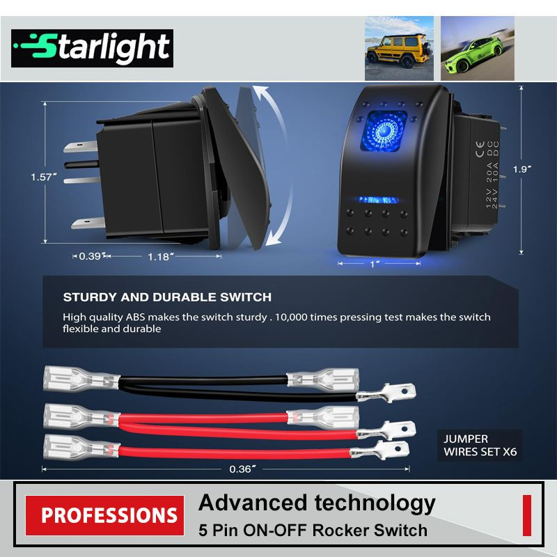 Buy On Off 5 Pin Spst Led Light Switches With Blue Backlit 12v/24v ...