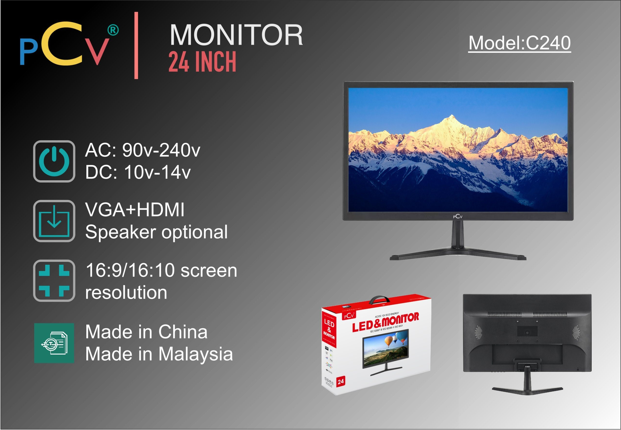 Buy Pro Pcv C240 24 Inch Pc Monitor Black Flat Tft Screen 1920*1080 Fhd ...