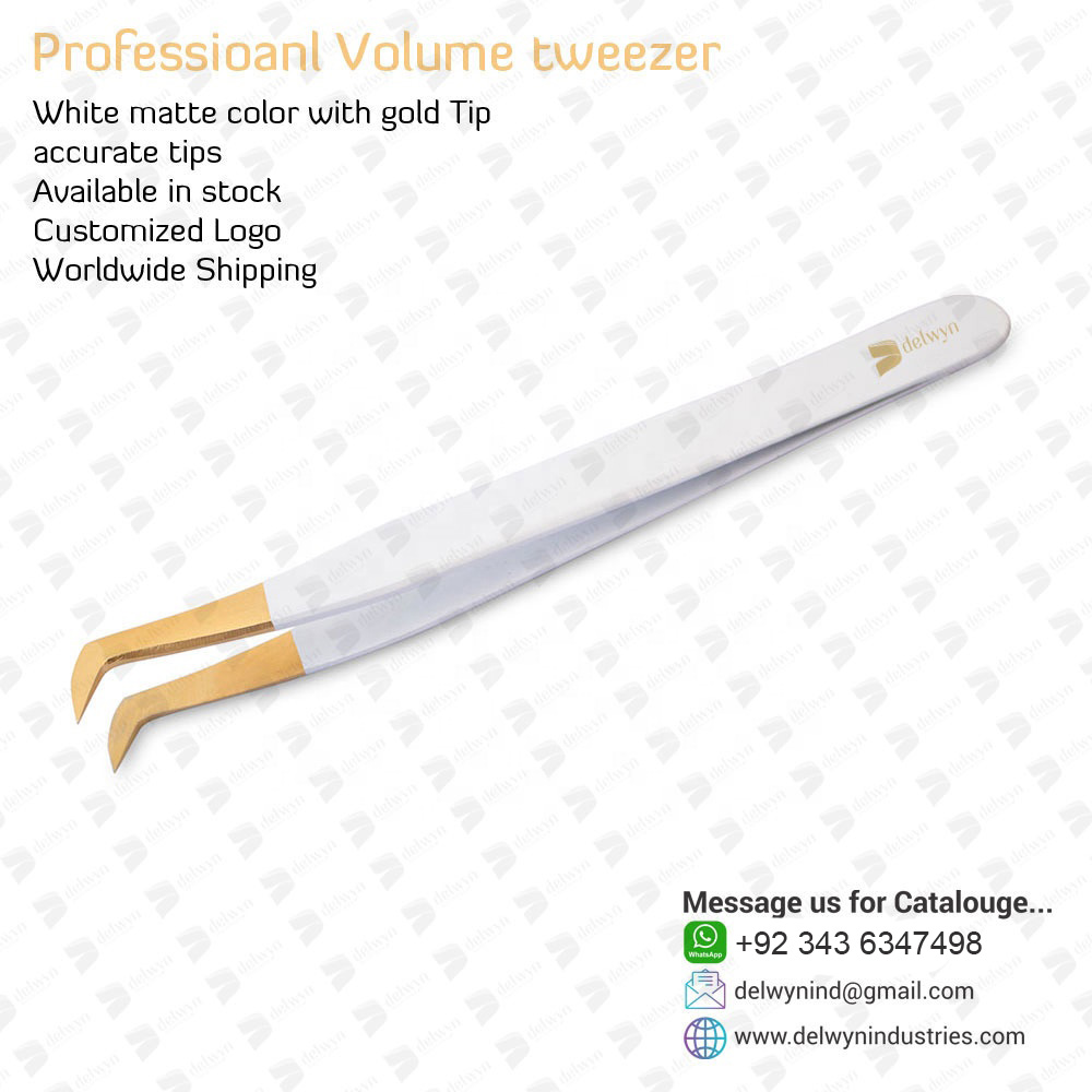Buy White Matte Color Coated Gold Tip Professional Volume Lash Tweezers ...