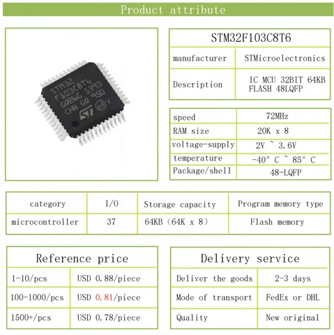 Buy Stm32f103 New And Original 64kb 2v~3.6v Arm Cortex-m3 20kb 72mhz Flash 37 Lqfp-48 7x7 ...