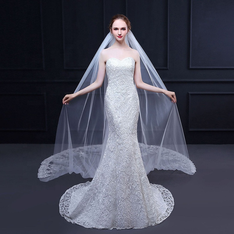Buy Shenglan 3.5 Meter Ivory Cathedral Wedding Veils Long Lace Edge ...