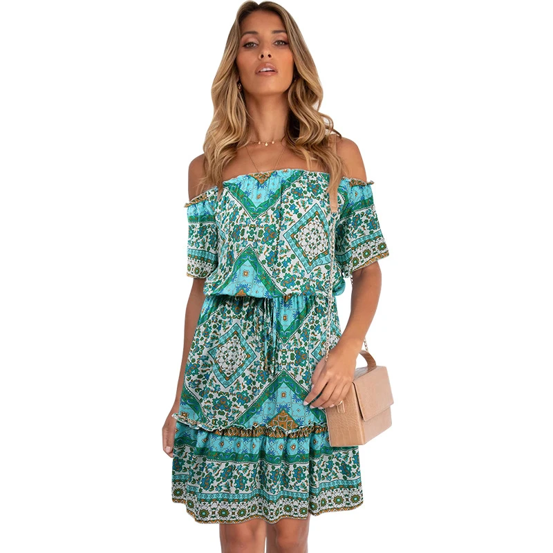 Buy Spring Summer Bohemian Lady Dresses Short Sleeve Off Shoulder Women ...