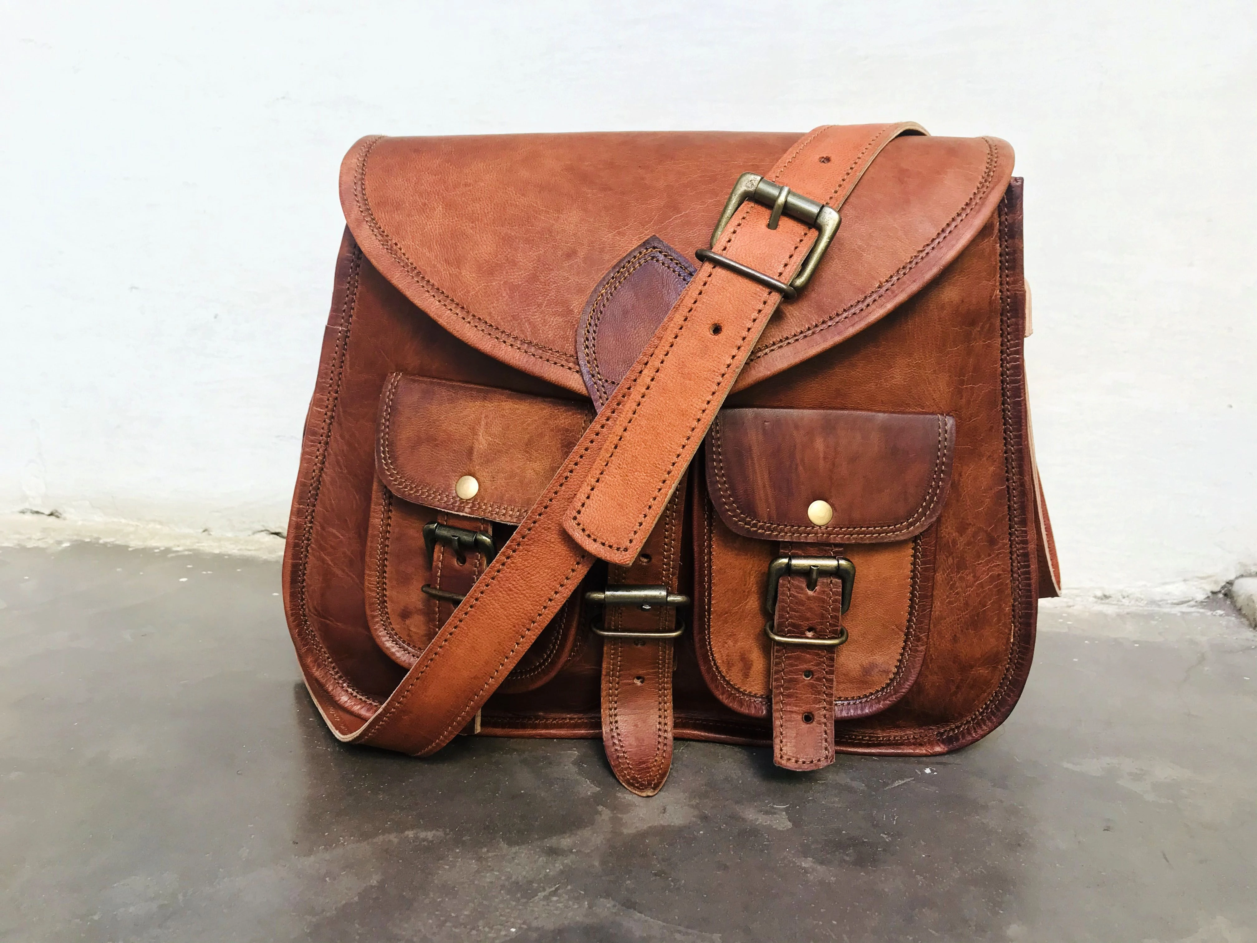 Buy Handmade Goat Vintage Brown Leather Purse, Handbag, Satchel With 2 ...