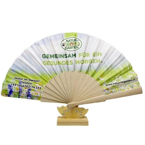 Buy 23cm Wood Hand Held Fan Wood Fabric Folding Fans Engraved Logo On ...
