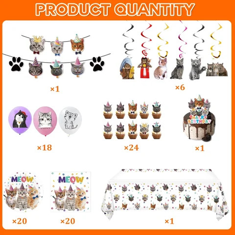 Buy 96pcs Cat Birthday Party Supplies, Kitten Birthday Decorations For ...
