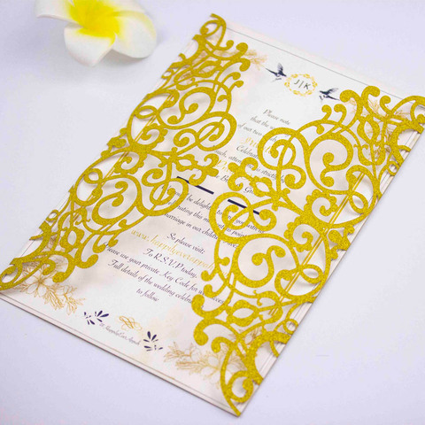 Buy Rose Gold Glitter Gate Fold Pocket Wedding Invitation Cards Laser ...