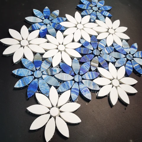 Buy Flora Pattern White And Blue Flower With Marble Stone Mosaic Tile ...