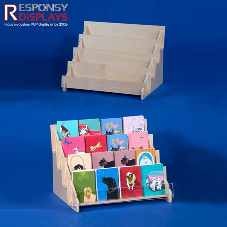 Buy Counter-top 4 Tiers Wood Magazine Greeting Card Display Stand Rack ...