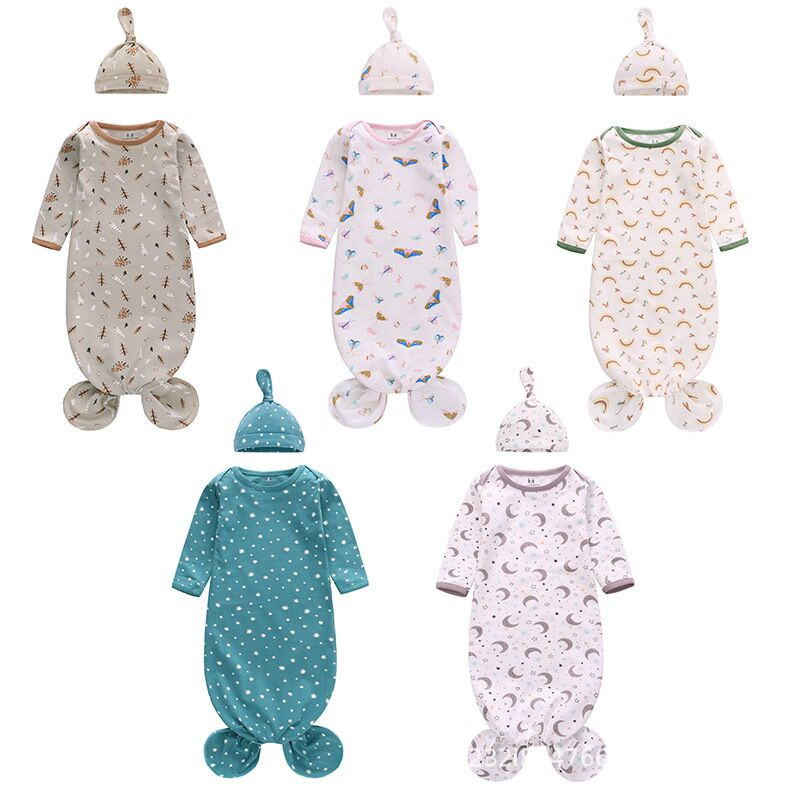 Buy Newborn Knotted Nightgown Long Sleeve Matching Hat Organic Cotton ...