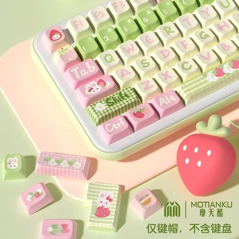 Buy Strawberry Milk Rabbit Keycaps Pink Green Keycaps Mda Profile 138 ...