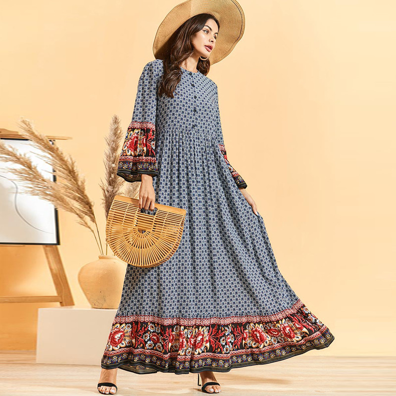 Buy Vintage Plus Size Muslim Dress Long Sleeve Printed Maxi Dress ...
